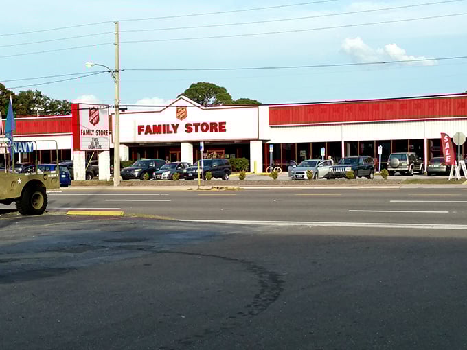 The Salvation Army's iconic red signage stands out like a beacon for bargain hunters cruising through St. Petersburg.