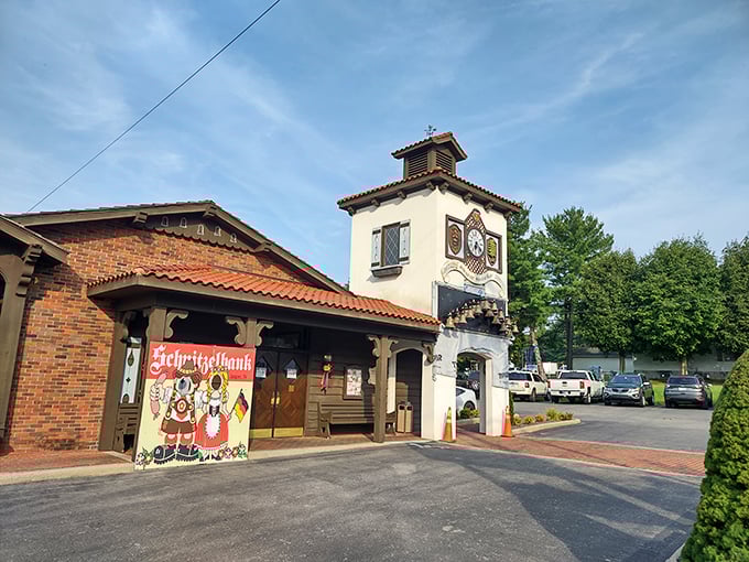 The Schnitzelbank's charming clock tower and brick facade transport you to a European village where steak meets German precision.
