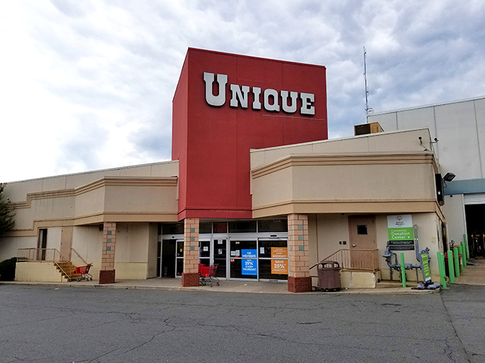 Unique Thrift Store lives up to its name with a no-frills exterior that belies its interior treasures. Like a plain book cover hiding a fascinating story.