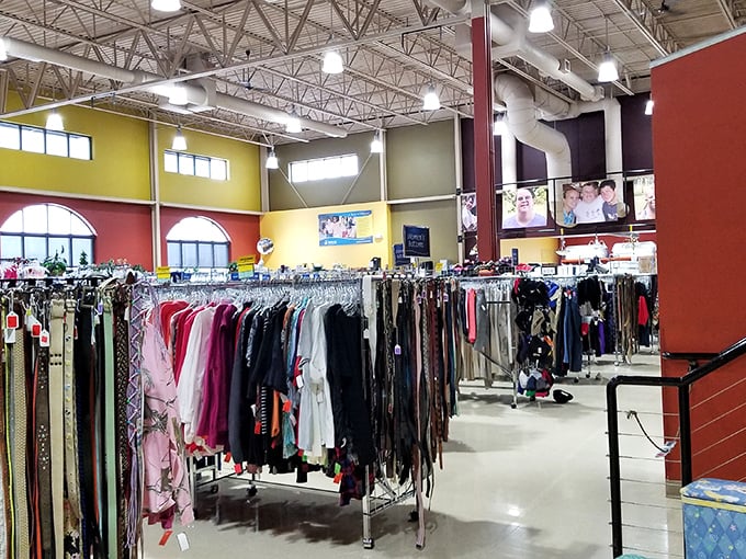 High ceilings and higher hopes. AbleLight's colorful interior transforms thrift shopping into a joyful experience.