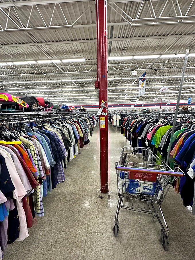 Endless rows of color-coded clothing stretching to the horizon. Bring snacks, water, and your treasure-hunting stamina!