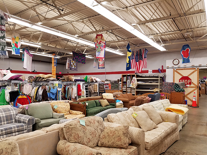 Where sofas find second chances! This thrift store's furniture section could furnish a small neighborhood with comfort and style.
