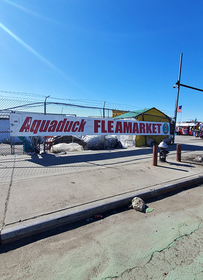 Blue skies and bargains ahead! This unassuming Brooklyn market entrance is like a portal to a wonderland of unexpected finds.