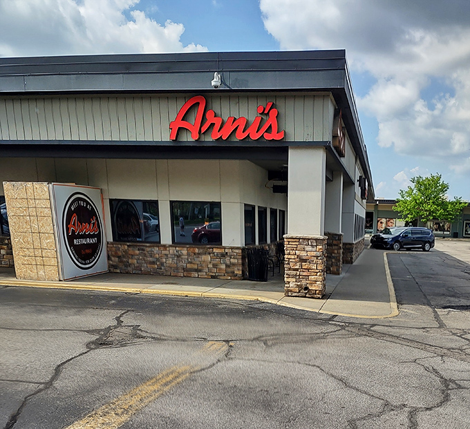 Classic stone facade, timeless red signage&mdash;Arni's looks exactly like the kind of place where childhood pizza memories are made and recreated decades later.
