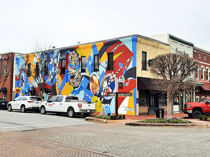 Colorful murals brighten Bentonville's streets, where world-class amenities somehow coexist with Social Security-friendly housing costs.
