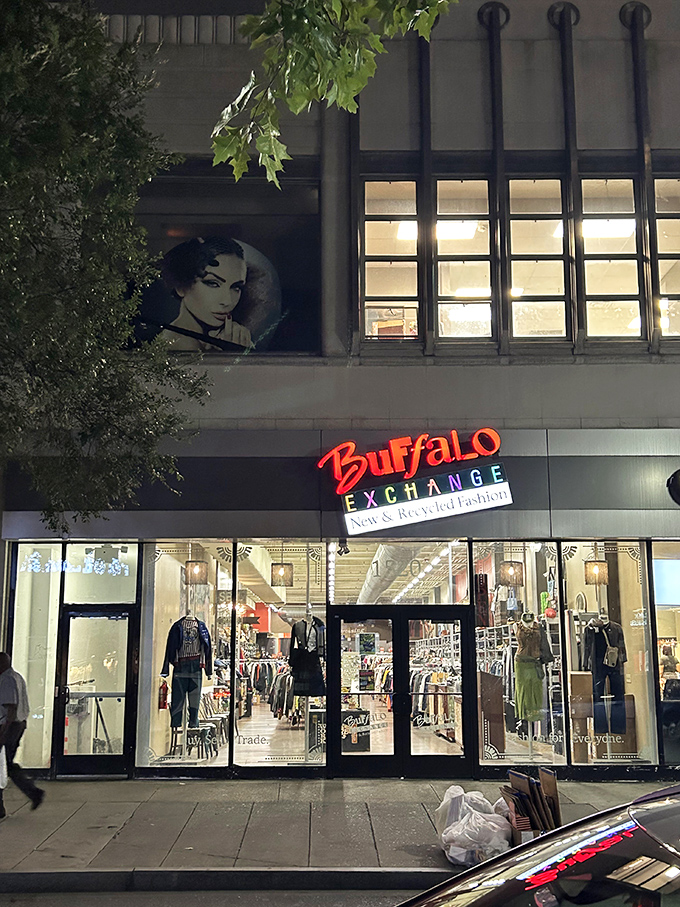 Night or day, this storefront glows with fashion possibilities. Like Studio 54 for vintage clothing enthusiasts!