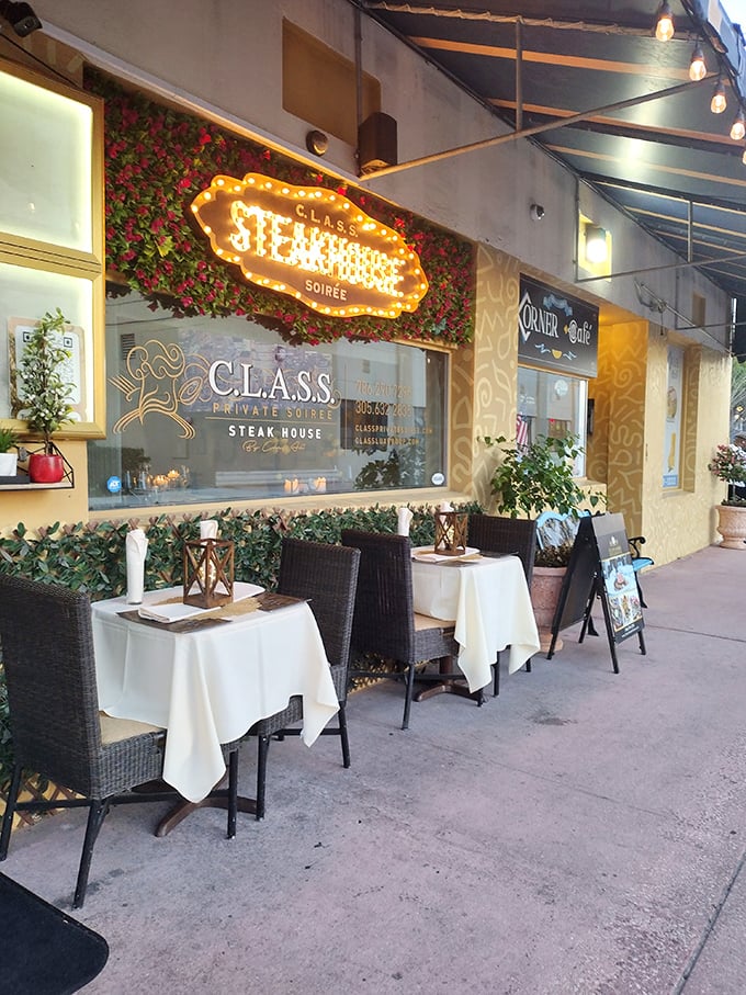 Sidewalk dining with style - where Florida breezes complement perfectly seared steaks under twinkling lights.