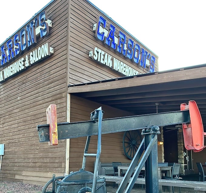 That blue sign isn't just announcing Carson's&mdash;it's a beacon for steak lovers who appreciate substance over style.