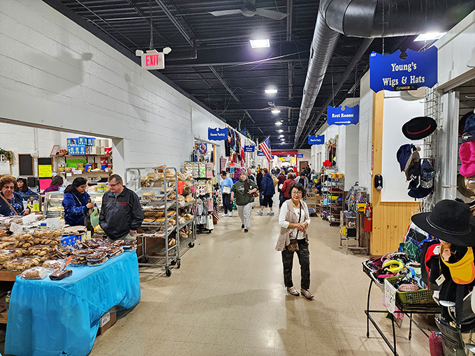 Indoor shopping heaven at Columbus Market. The fluorescent-lit corridors of commerce beckon bargain hunters inside.