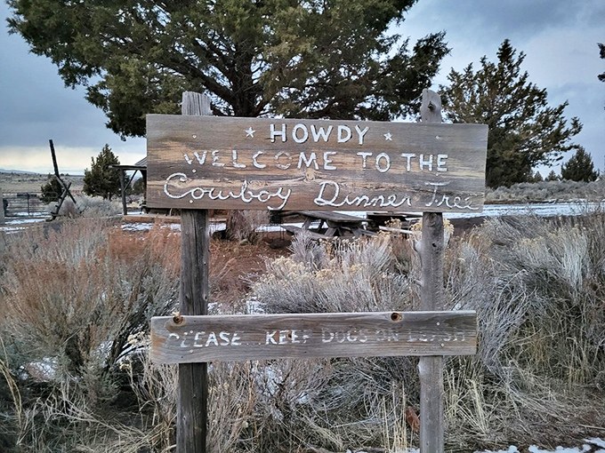 "Howdy" indeed! This rustic welcome sign promises the kind of authentic cowboy cooking that makes city slickers weak in the knees.