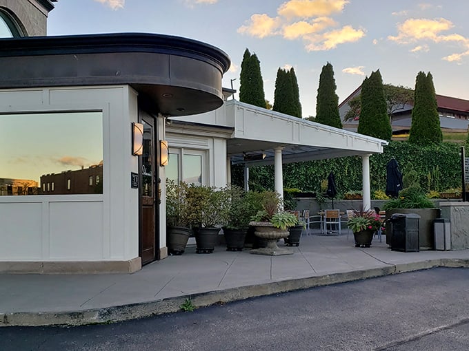 Delmonico's Steakhouse: The patio where summer evenings stretch into memory. Plant life and nightlife in perfect harmony.