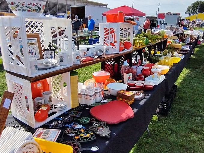 The colorful canopies create a festival atmosphere where yesterday's ordinary becomes today's extraordinary find.