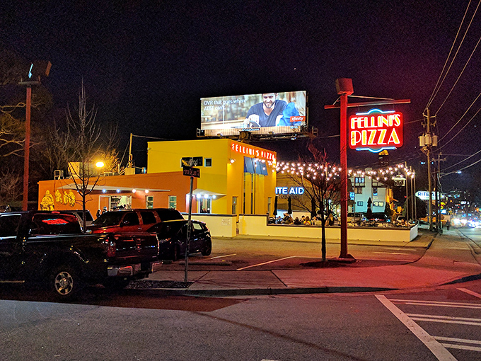 Night falls, but Felini's Pizza shines bright&mdash;a beacon of hope for the hungry and a landmark for those seeking pizza nirvana.