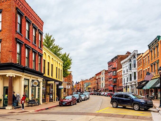 Colorful storefronts line Galena's historic district, where the views are rich but living doesn't have to be.