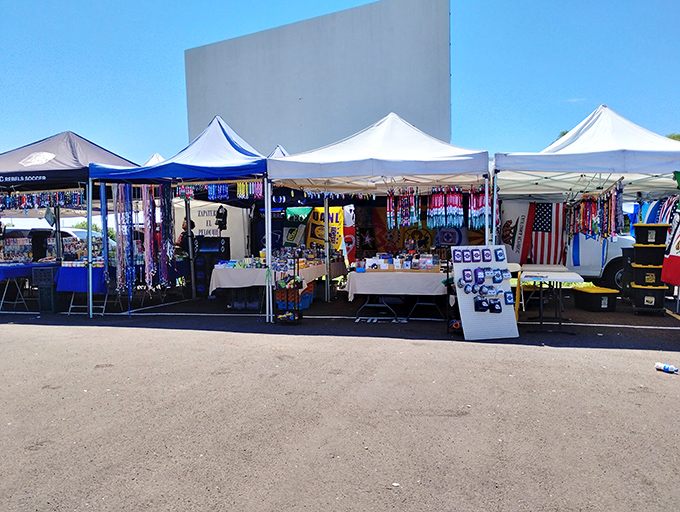 Colorful merchandise creates a festive shopping atmosphere at Glendale Public Market. Like a department store exploded into the sunshine!