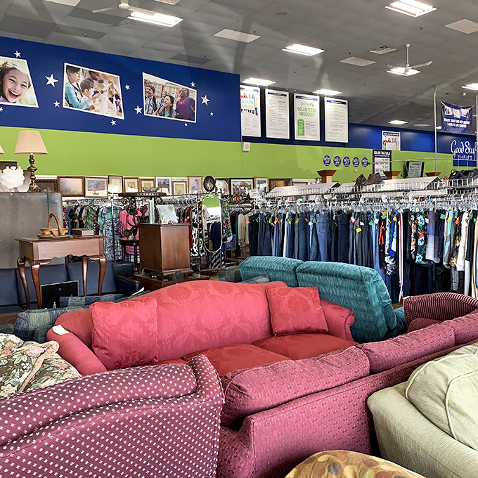 That distinctive green roof signals a treasure trove of pre-loved items waiting for their second chance at usefulness.