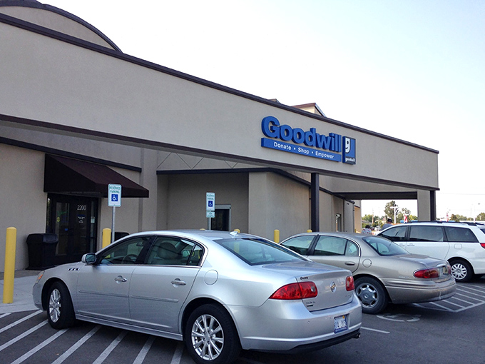 Another angle of thrift paradise! Goodwill Lawrence welcomes bargain hunters with the promise of unexpected discoveries inside.