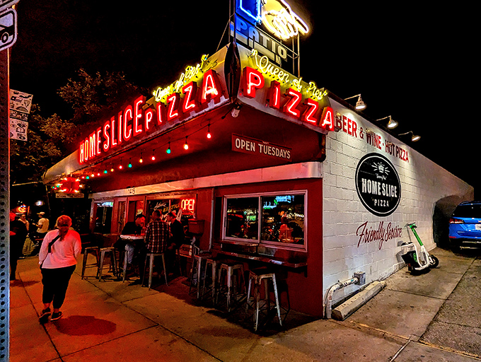 Home Slice Pizza: "Daylight reveals the cheerful simplicity of pizza perfection. Metal stools, open windows, and slices of joy!"