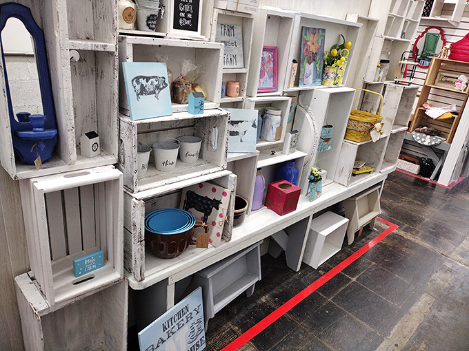 Farmhouse chic heaven! White-washed crates and rustic decor create the perfect hunting ground for HGTV-inspired home designers on a budget.