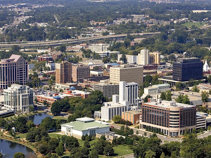 This aerial view of Huntsville showcases the perfect blend of urban amenities and natural beauty that makes retirees' Social Security dollars stretch further.