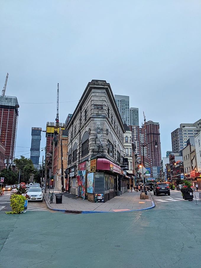 Charming brick buildings with American flags waving - small-town feel with big-city convenience just across the river.