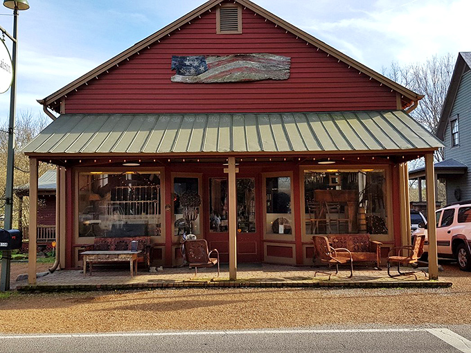 This cozy red building in Leipers Fork practically begs you to sit a spell on that inviting porch.