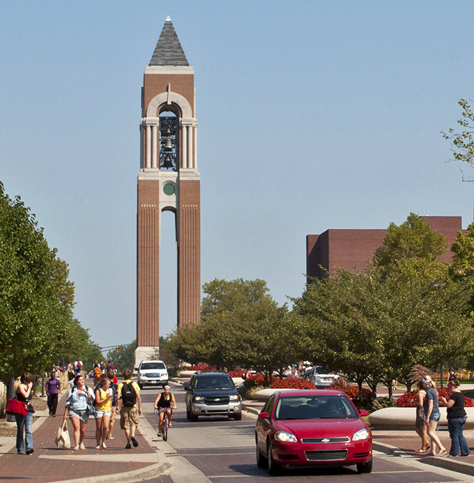 Ball State University's iconic bell tower stands tall in Muncie, where college-town energy meets small-city housing prices.