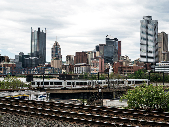 The Steel City shows its softer side with this stunning view that includes both modern skyscrapers and a light rail train. Urban poetry in motion!