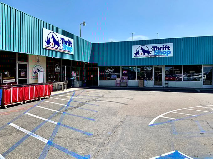 Those red donation bins look like Santa's mailboxes for gently-used gifts that will find happy new homes.