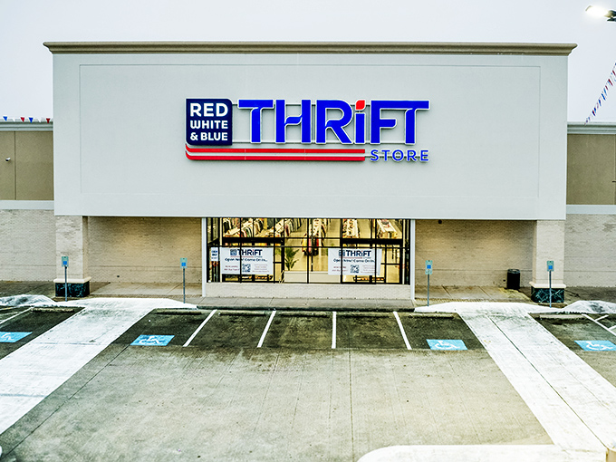 The bold, illuminated sign of Red White & Blue stands out like a Broadway marquee. Star-spangled bargains await inside!