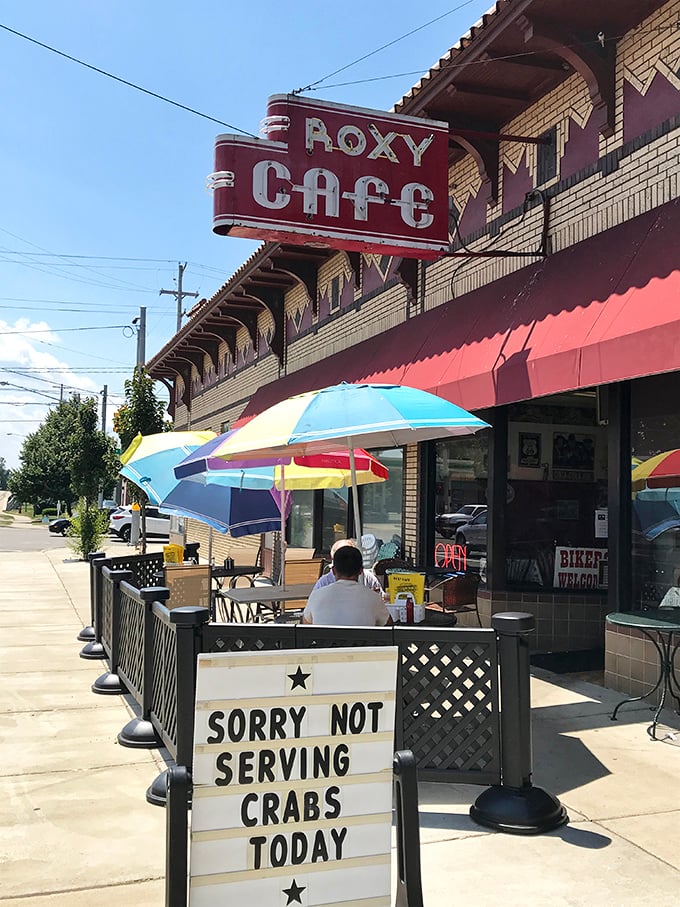 "Sorry Not Serving Crabs Today" - just the kind of sidewalk humor that makes the Roxy a local treasure.