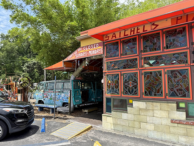 Pizza in a stained glass wonderland? Satchel's proves great food tastes even better when surrounded by creativity.