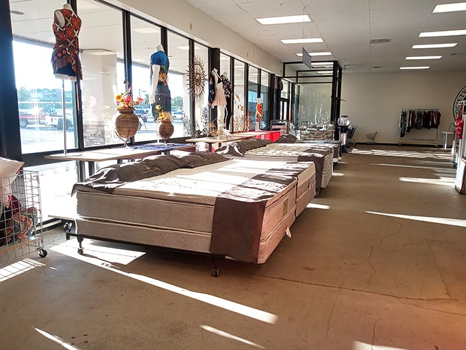 Mattresses lined up like soldiers ready for inspection. SVdP's furniture section could outfit an entire apartment for less than a fancy dinner.