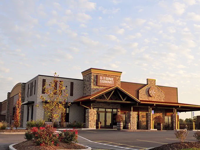 Sunset at Stone Summit transforms this impressive building into a postcard-worthy dining destination. Worth the drive!