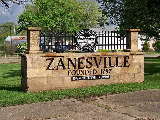 Zanesville's welcome sign proudly announces its founding in 1797, a historical touchstone that grounds this Ohio river town in America's early days.