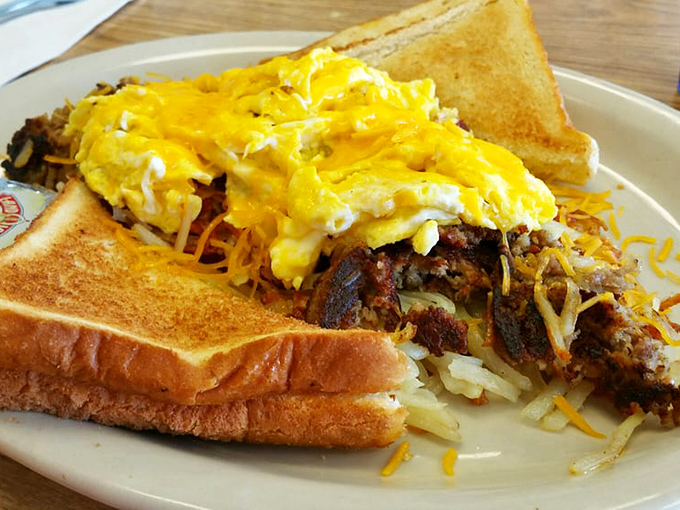 The 61 Hobo Breakfast brings together eggs, hashbrowns, and melted cheese in a harmony that would make even a blues musician weep with joy.