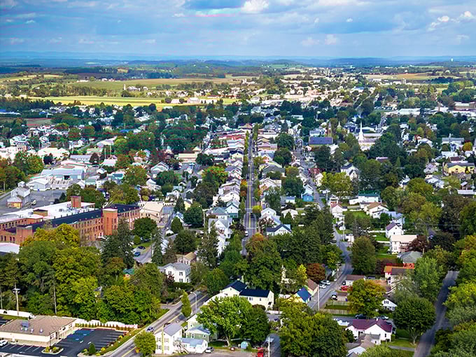 From above, Mifflinburg reveals its perfect small-town layout&mdash;tree-lined streets, church steeples, and a downtown core that's actually still alive and kicking.