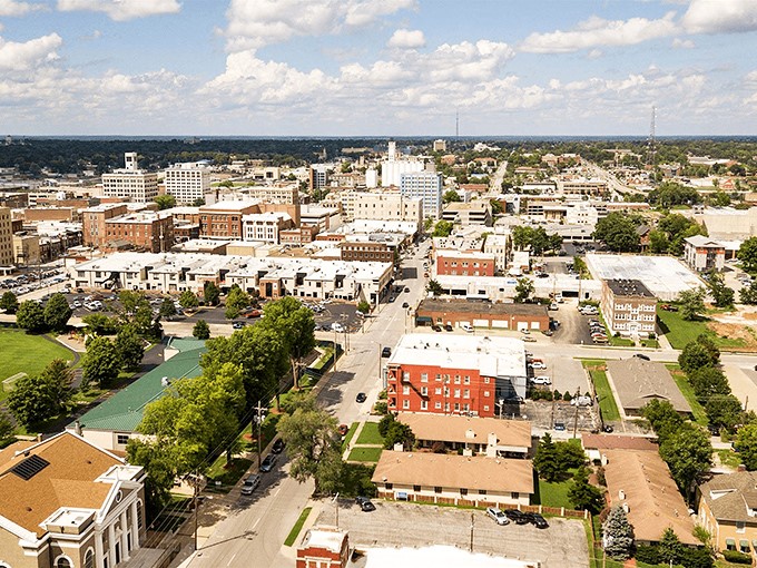 From above, Poplar Bluff reveals its intimate scale &ndash; a patchwork of neighborhoods, downtown buildings, and green spaces nestled together.