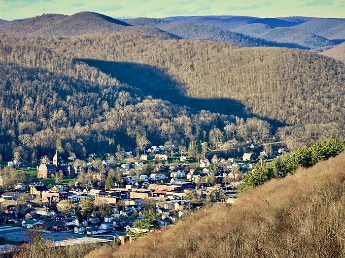 Nestled in Pennsylvania's valleys like a village from a storybook, Emporium appears even more picturesque when viewed from surrounding hillsides.