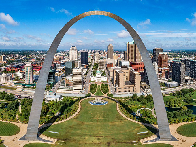 St. Louis's iconic arch frames a cityscape that Maplewood residents can access anytime, then retreat to their affordable neighborhood when urban energy becomes too much.