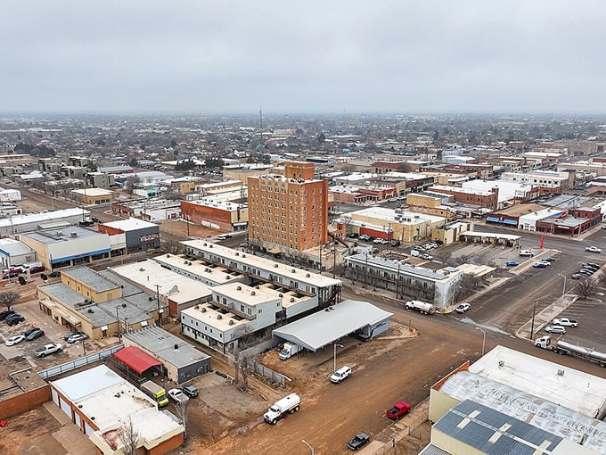 From above, Clovis reveals itself as a tidy grid of possibility, where the iconic Hotel Clovis stands tall against the eastern New Mexico horizon.