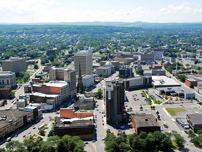 From above, Utica reveals itself as a perfect blend of urban grid and verdant surroundings, like someone thoughtfully placed a city within a forest. 