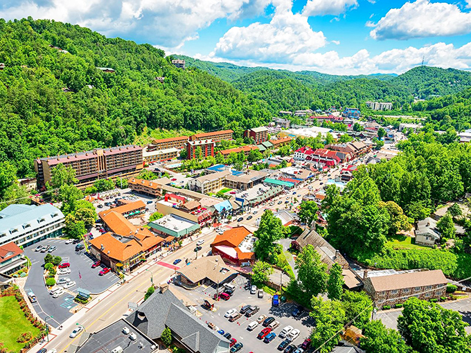 From above, this charming Tennessee town nestles into rolling green hills, its colorful downtown buildings resembling a patchwork quilt of Southern hospitality.