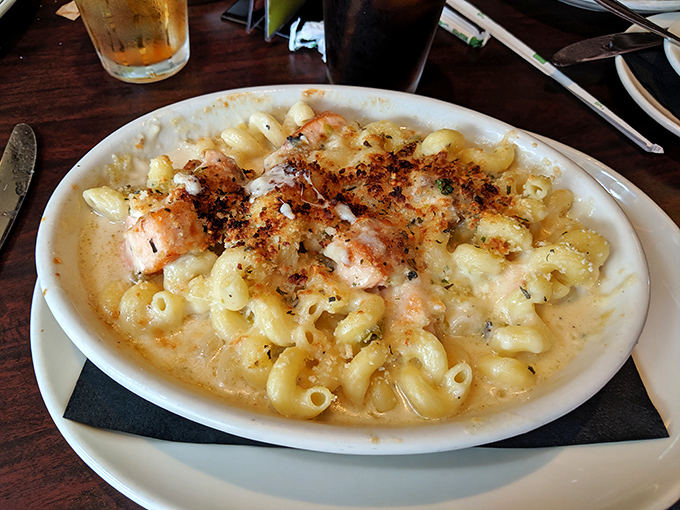 Mac and cheese elevated to art form&mdash;tender pasta swimming in velvety cheese sauce with what appears to be chicken, creating a symphony of comfort.