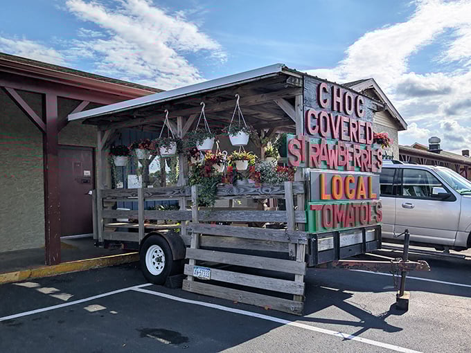 "Chocolate covered strawberries and local tomatoes" isn't just a sign&mdash;it's a siren song for anyone who appreciates the simple perfection of food that knows where it came from.