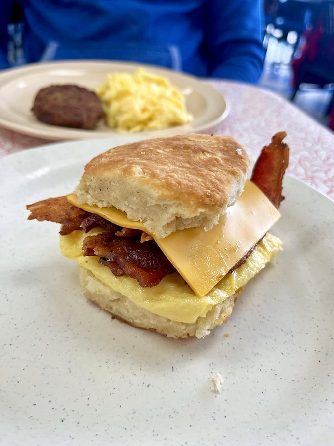 Architecture students should study this biscuit sandwich&mdash;the perfect structural integrity supporting layers of egg, bacon, and cheese in harmonious breakfast bliss. 