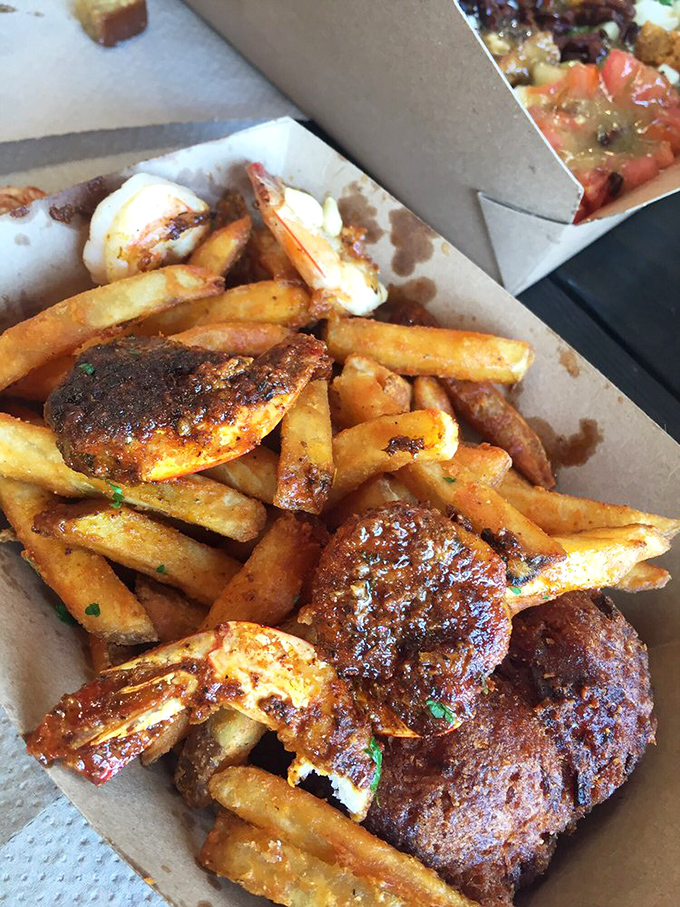 When shrimp and fries get together for a seaside rendezvous, magic happens. Those blackened beauties have clearly been introduced to spices they're now best friends with. 
