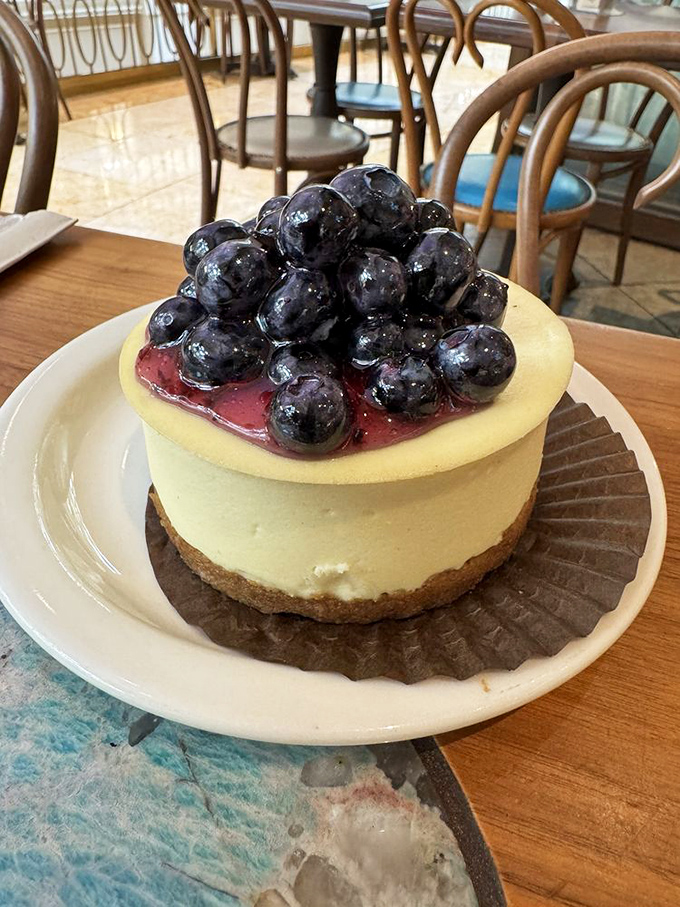 Blueberries piled high like tiny jewels atop creamy cheesecake &ndash; nature's perfect accessory for an already stunning dessert.