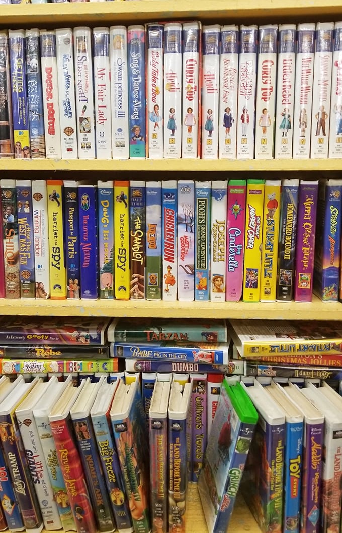 VHS tapes stand like sentinels of nostalgia. Remember when rewinding was considered common courtesy and "be kind" wasn't just a catchphrase?