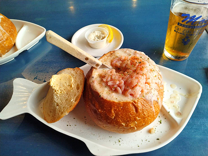 The "Cannonball" isn't just a bread bowl&mdash;it's edible architecture. Sourdough fortress walls protecting a creamy chowder kingdom topped with bay shrimp.